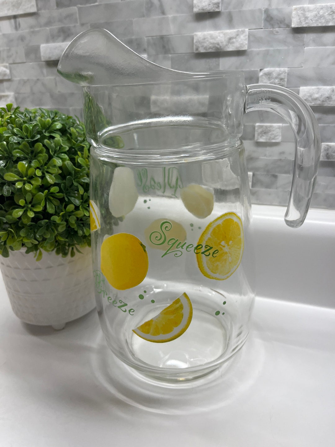 Vintage Glass Lemonade Pitcher Luminarc Yellow Lemonade Squeeze Please ...