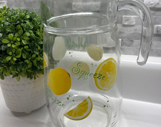Vintage Glass Lemonade Pitcher Luminarc Yellow Lemonade Squeeze Please ...