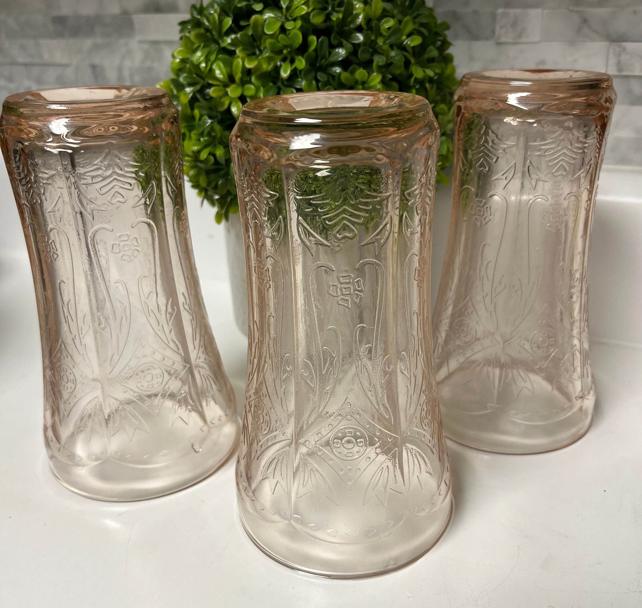 Vintage Pink Set Of 3 Drinking Glasses Flat Tumbler Recollection Clear