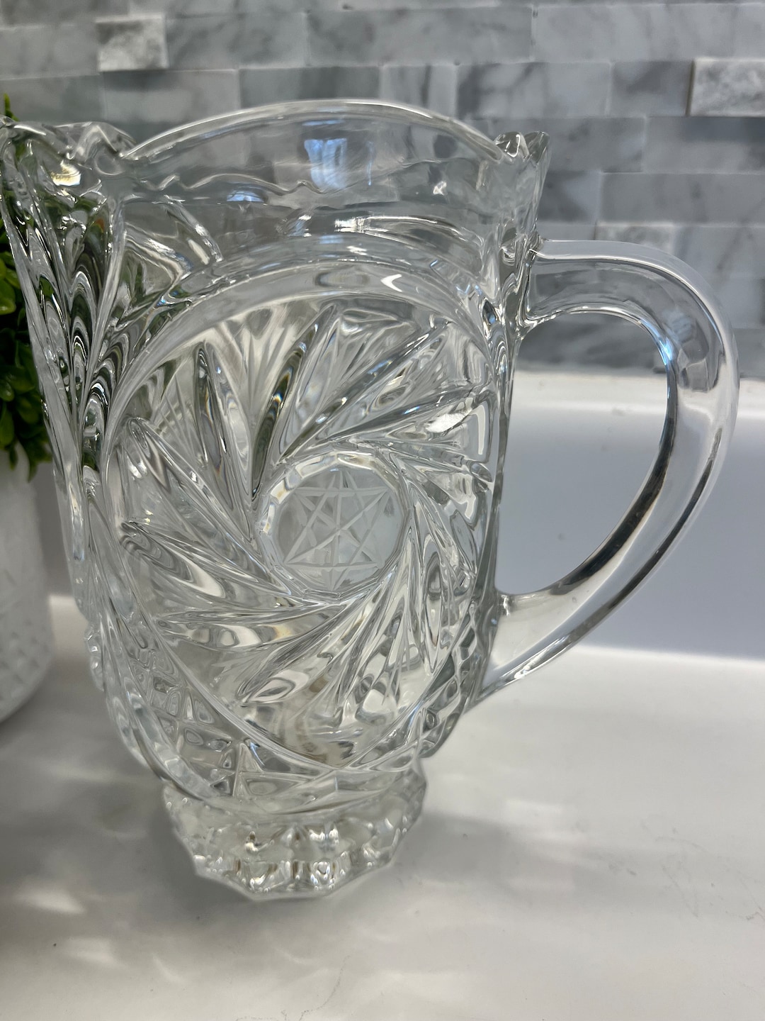 Vintage Crystal Water Pitcher Intricate Designs Clear Antique ...