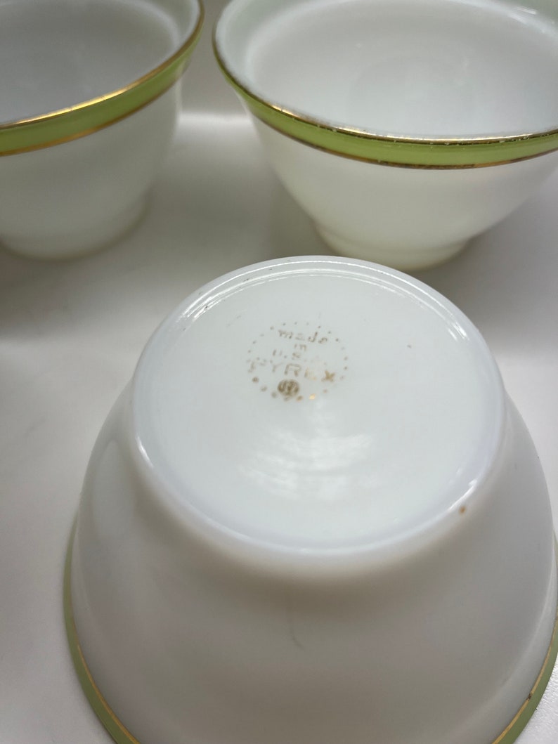 Vintage Set of Four Small Pyrex White Bowls With Lime Green and Gold ...