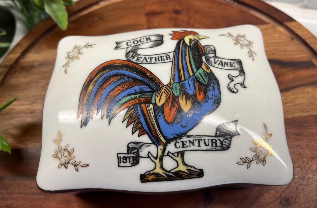 Vintage Lipper and Mann Japan Ceramic Trinket Box Americana Rooster Mid ...