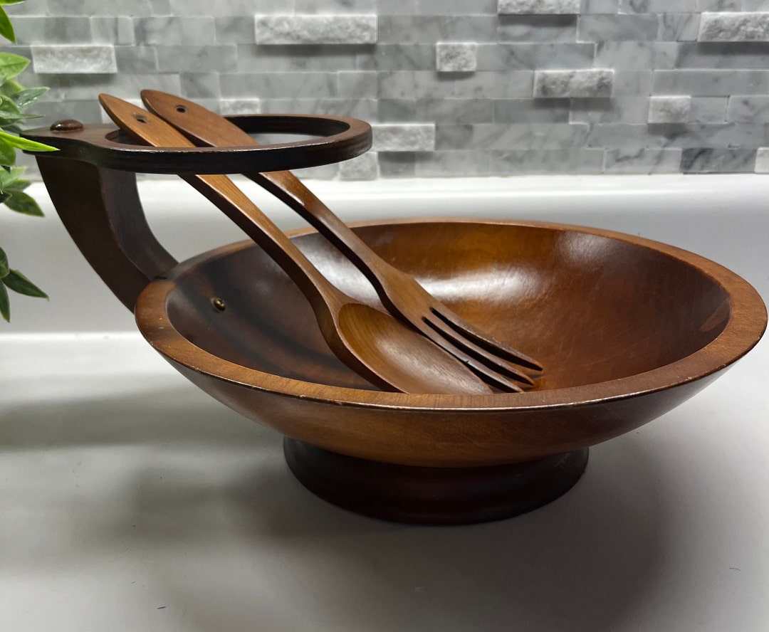 Mid Century Wood Two Tier Salad Bowl With Utensils - Etsy