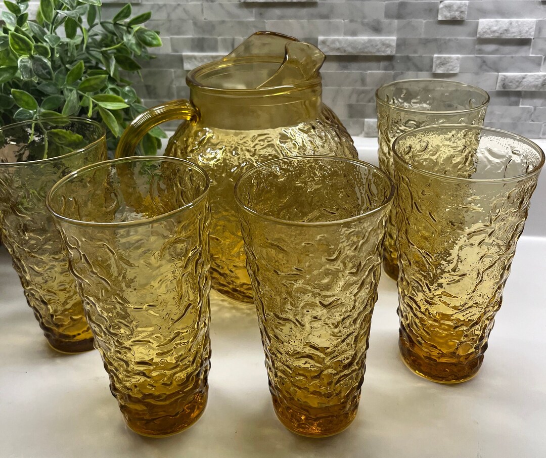 Anchor Hocking Amber Pitcher With 5 16oz Tea Tumbler Glasses-vintage ...