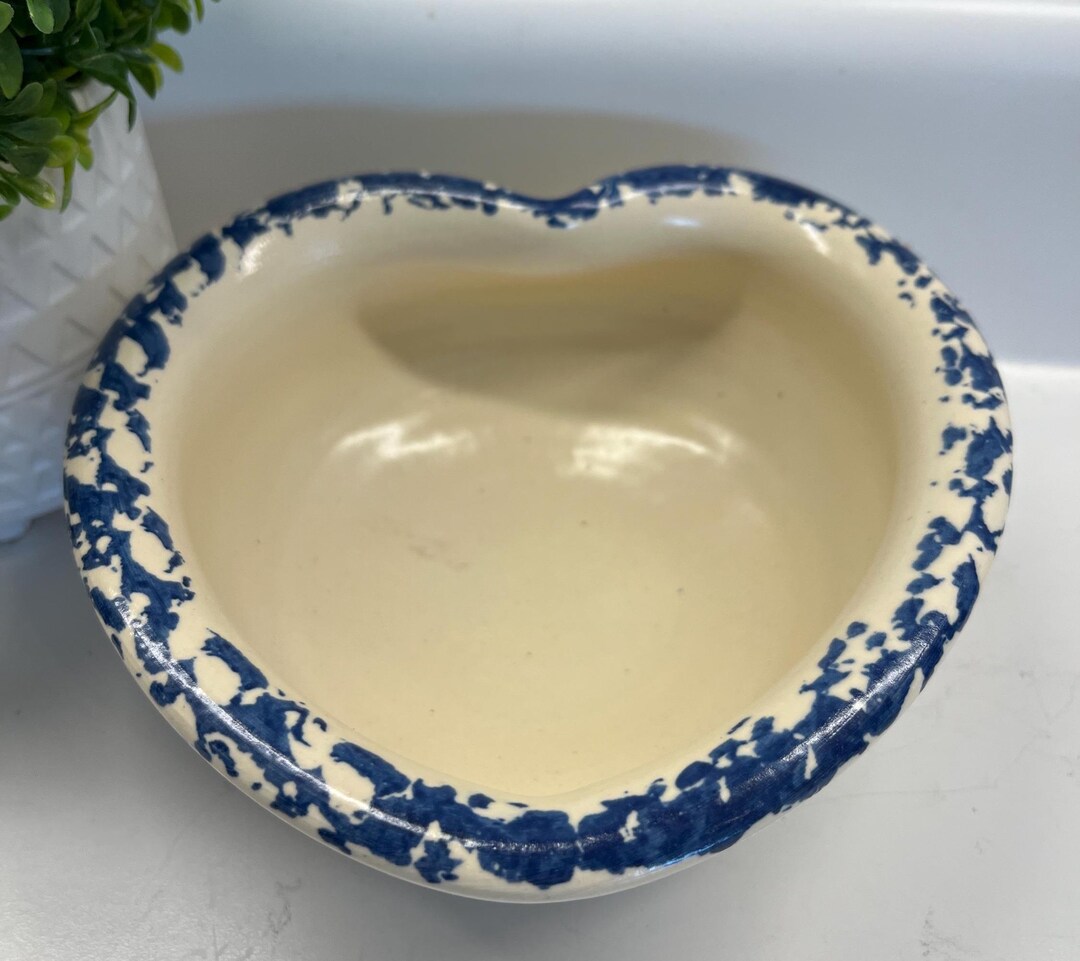 Vintage Blue Spongeware Pottery Heart Bowl: Farmhouse Bowl Trinket Dish ...