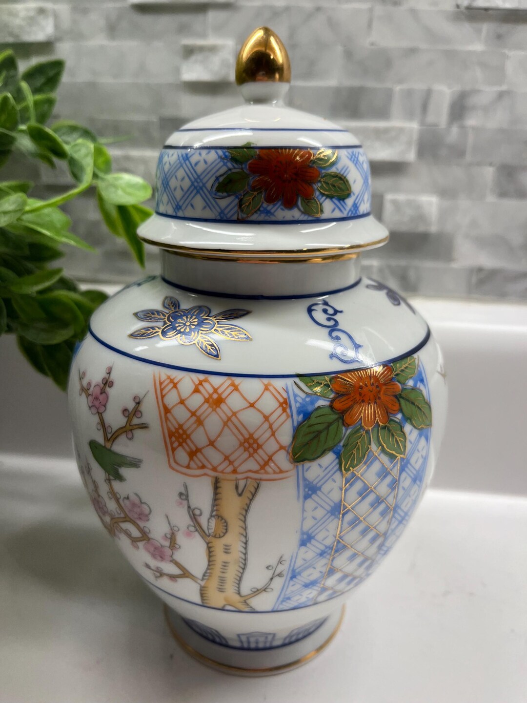 Vintage Andrea by Sadek Ginger Jar: 8" Blue & Orange Floral Handpainted ...