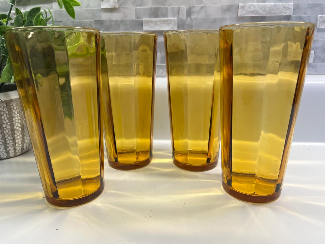 Vintage Indiana Glass Amber Panel Highball Glasses, MCM Barware, Set of ...