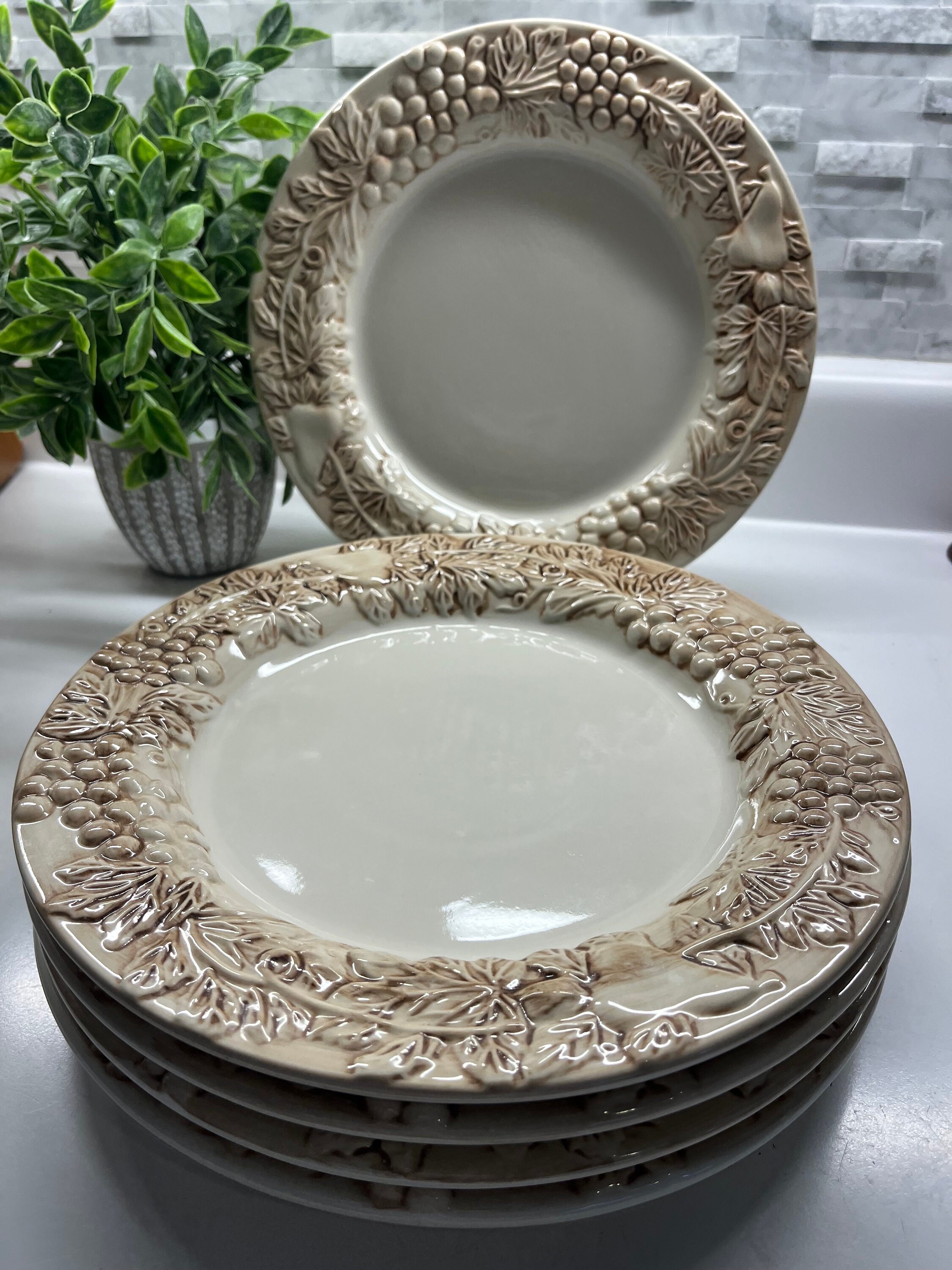 Euro Ceramica Vineyard Embossed Grapes and Leaves 11 Ceramic Dinner ...