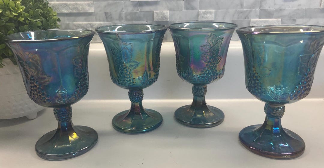 Vintage Carnival Glass Goblets: Harvest Grape Indiana Glassware, Set of ...