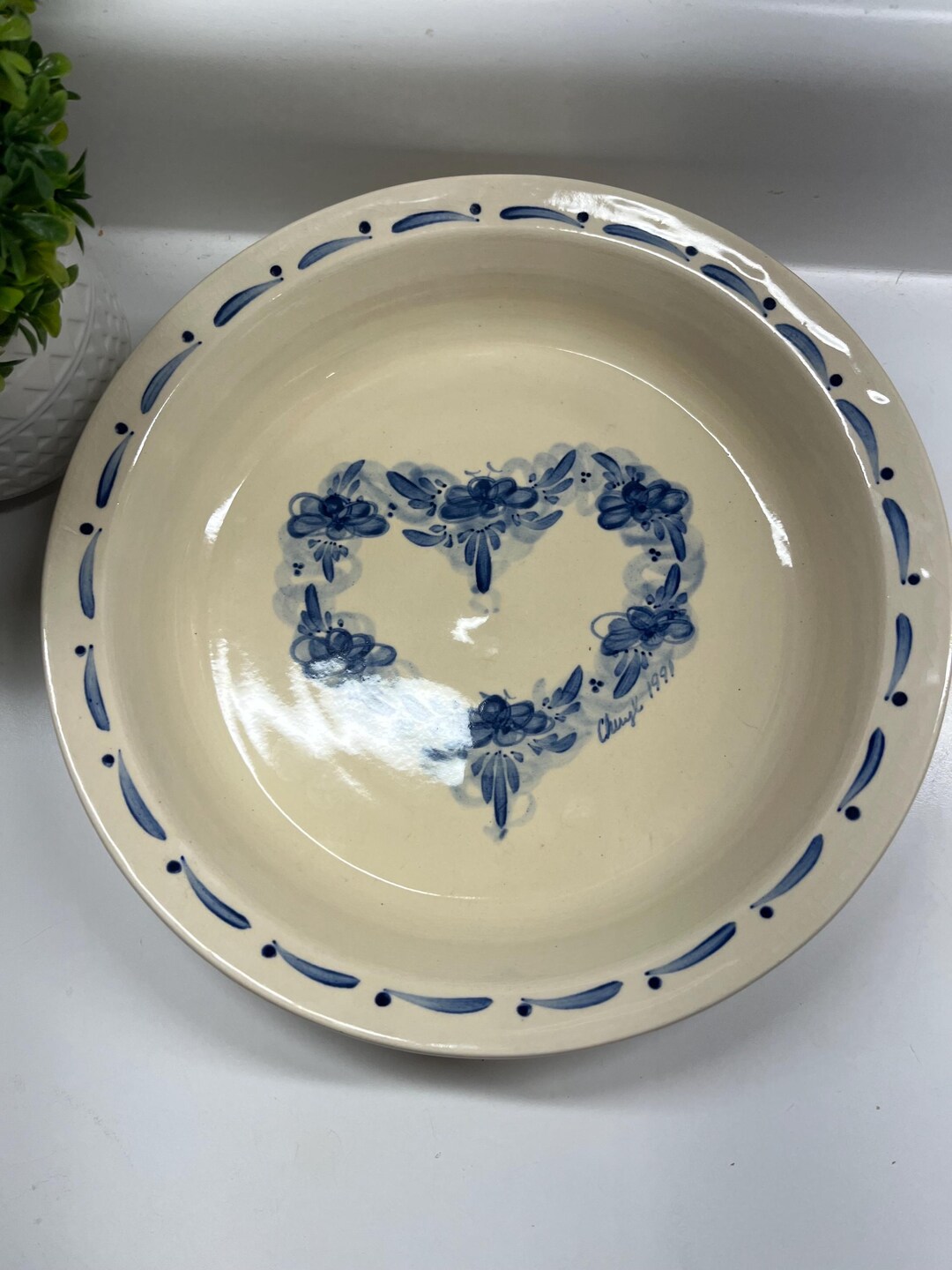 Vintage Ellis Prod Pottery Floral Blue Heart Pottery Pie Plate Hand ...