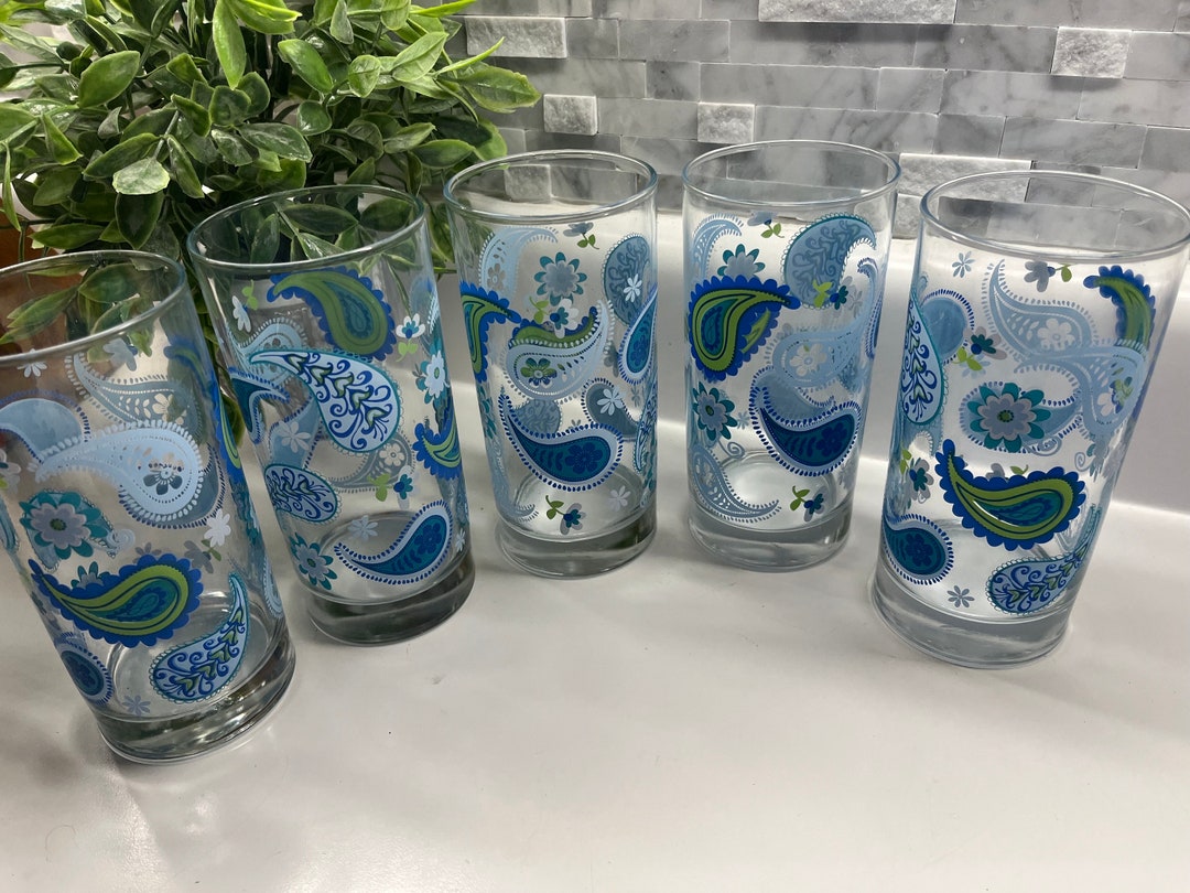 Vintage Libbey Crisa Paisley Lime Green Blue Beverage Highball Glasses ...