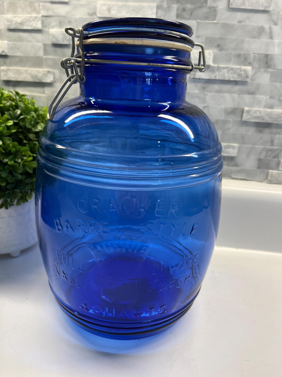 Cobalt Blue cracker Barrel Style Glass Canister Jar 4 Qt Cookies Flour ...