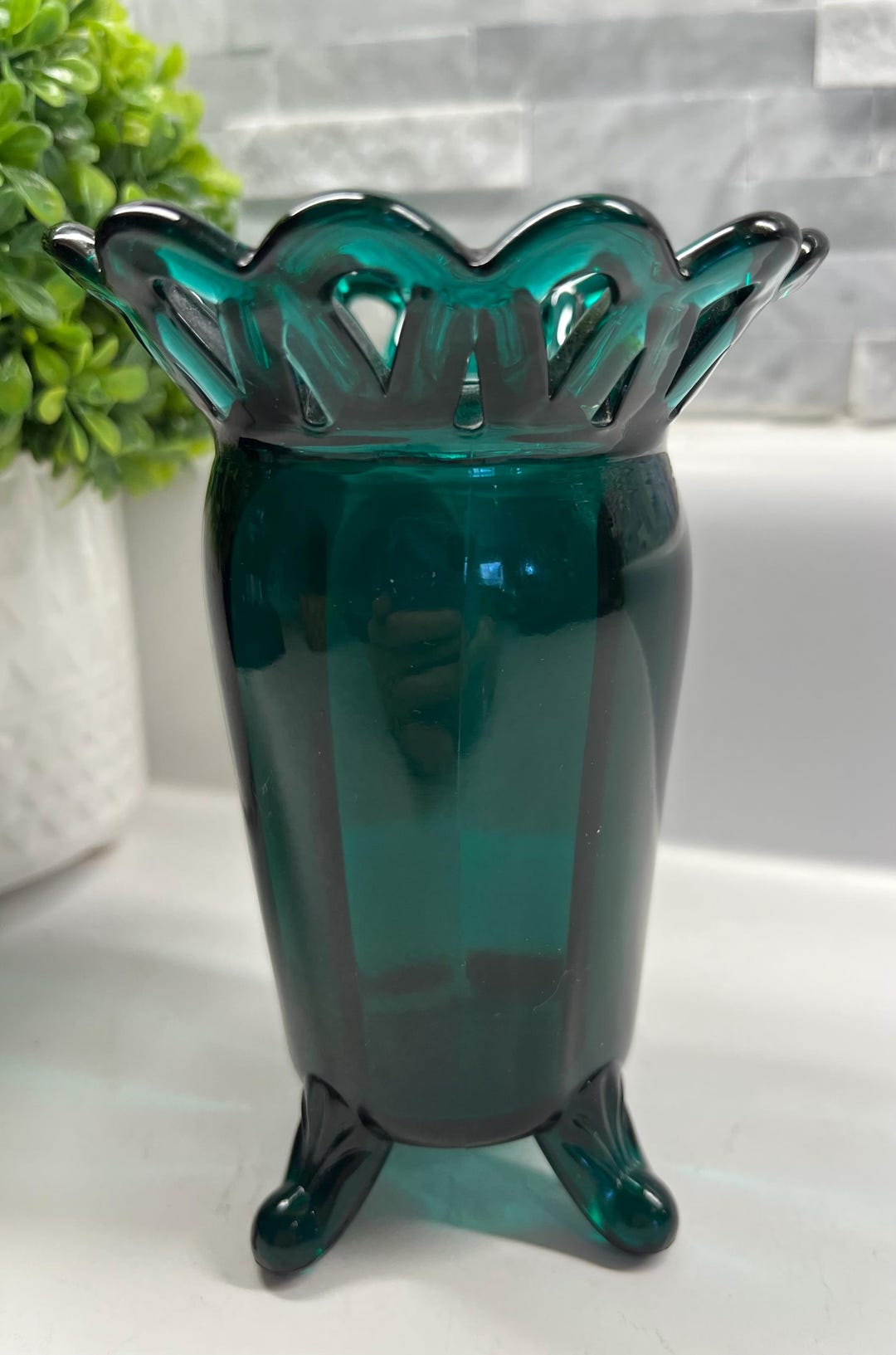 Vintage Imperial Glass Vase: Stiegel Forest Green, Laced Edge, Four ...