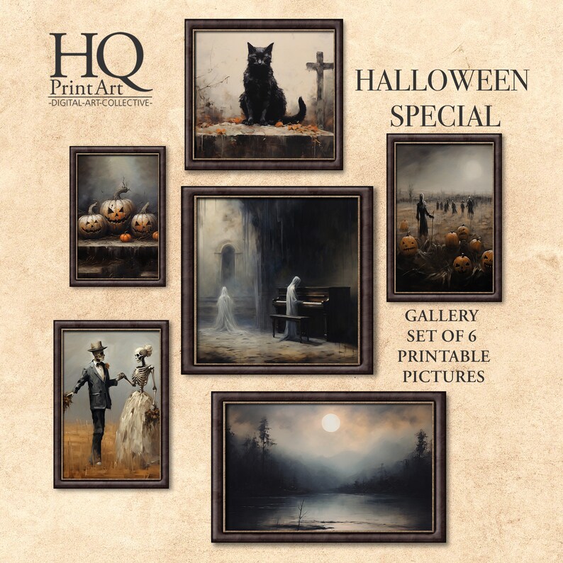 Vintage Halloween Printable Art Set of 6 Halloween Wall Art Digital Art ...