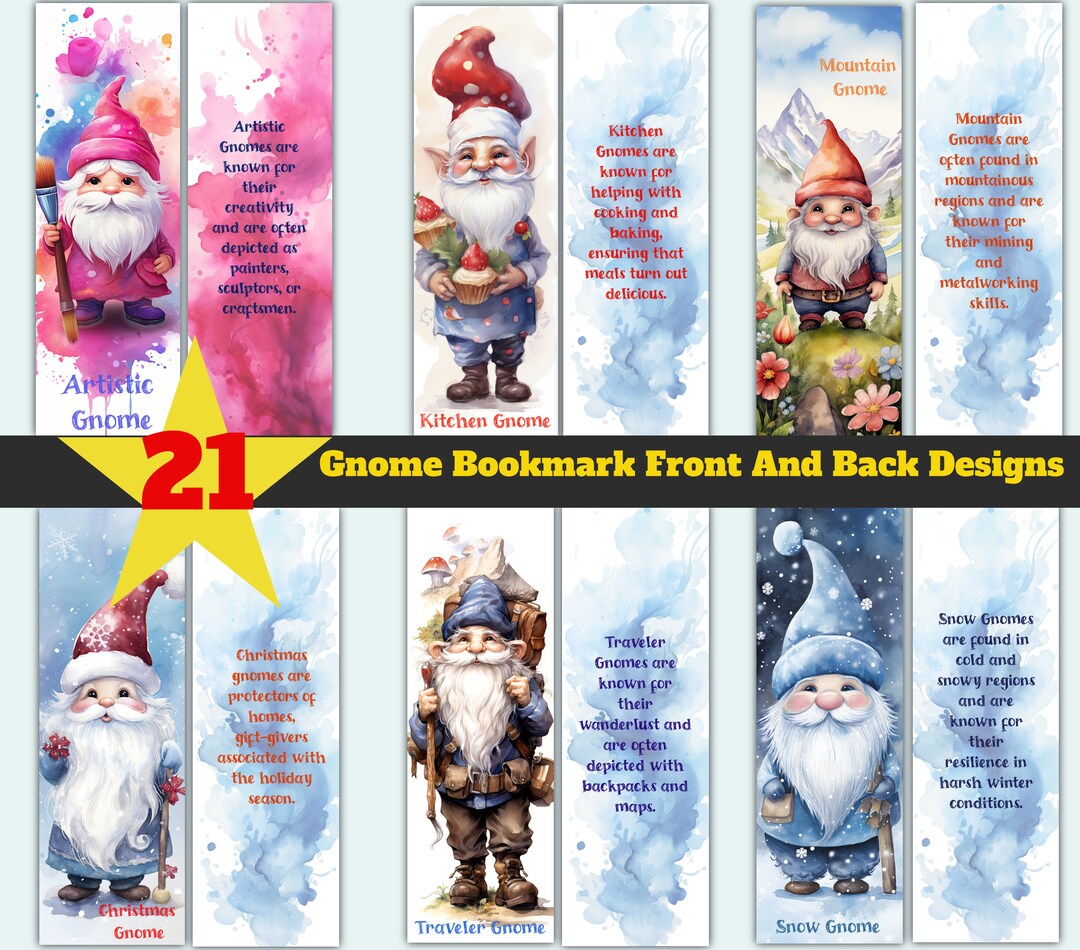 21 Watercolour Gnome Bookmark Designs, Printable Bookmarks Digital ...