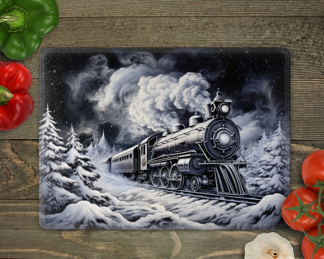Snow Train Cutting Board PNG, Black and White Winter Scene (digital ...