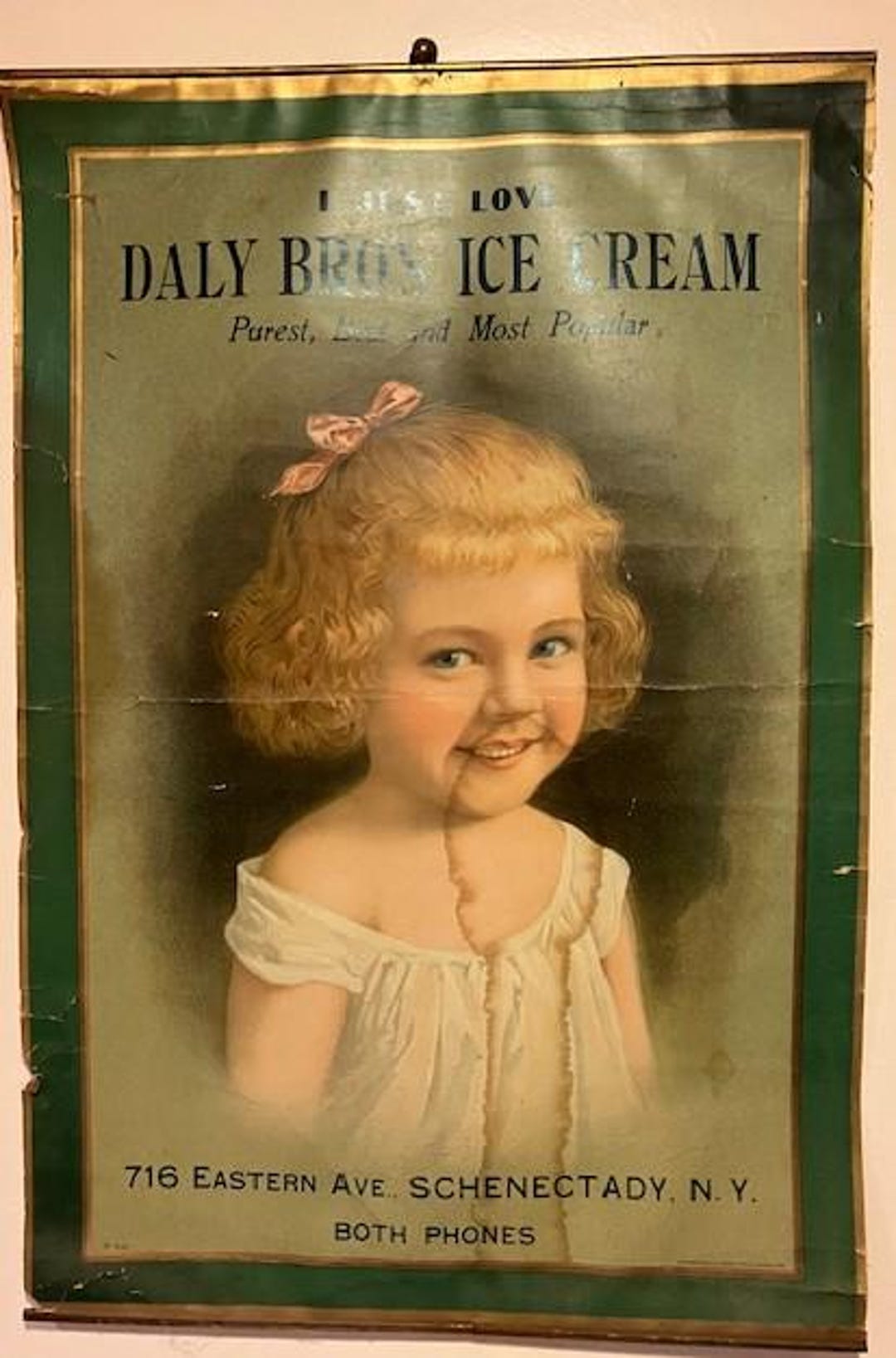 Large Vintage Advertising Placard Bro's Ice Cream, Schenectady, NY ...