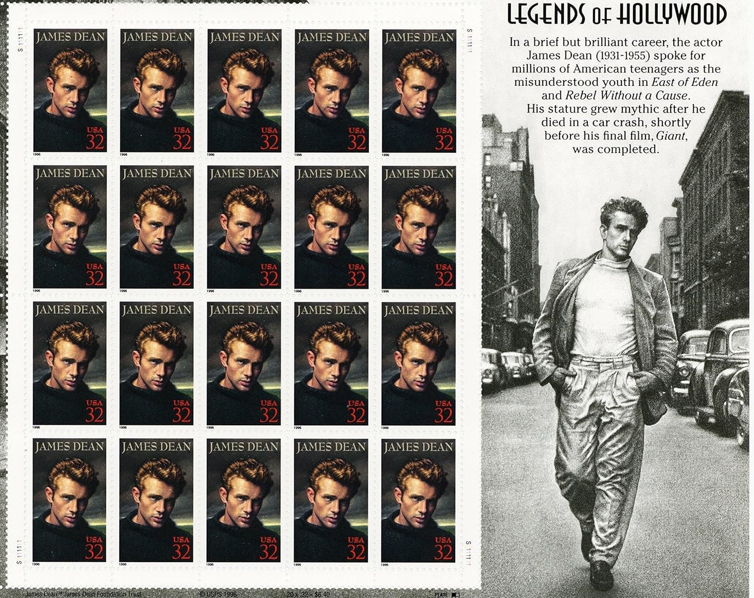James Dean: Legends of Hollywood, Full Sheet of 20 X 32-cent Postage ...