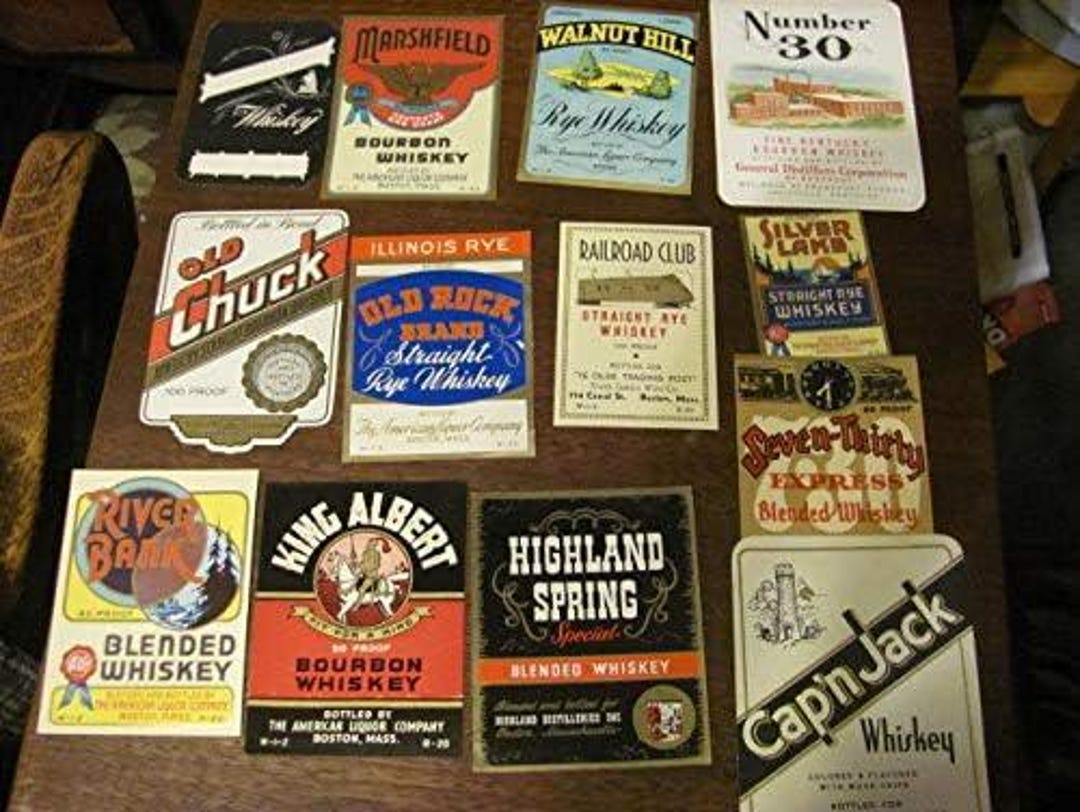12 "antique" WHISKEY Bottle Labels, Mint, 1930s-50s, Including RHY ...