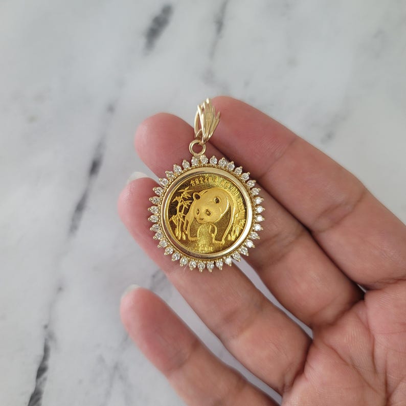 1986 Gold Panda Coin Necklace With Diamond Halo | Gift Ideas | Gold ...