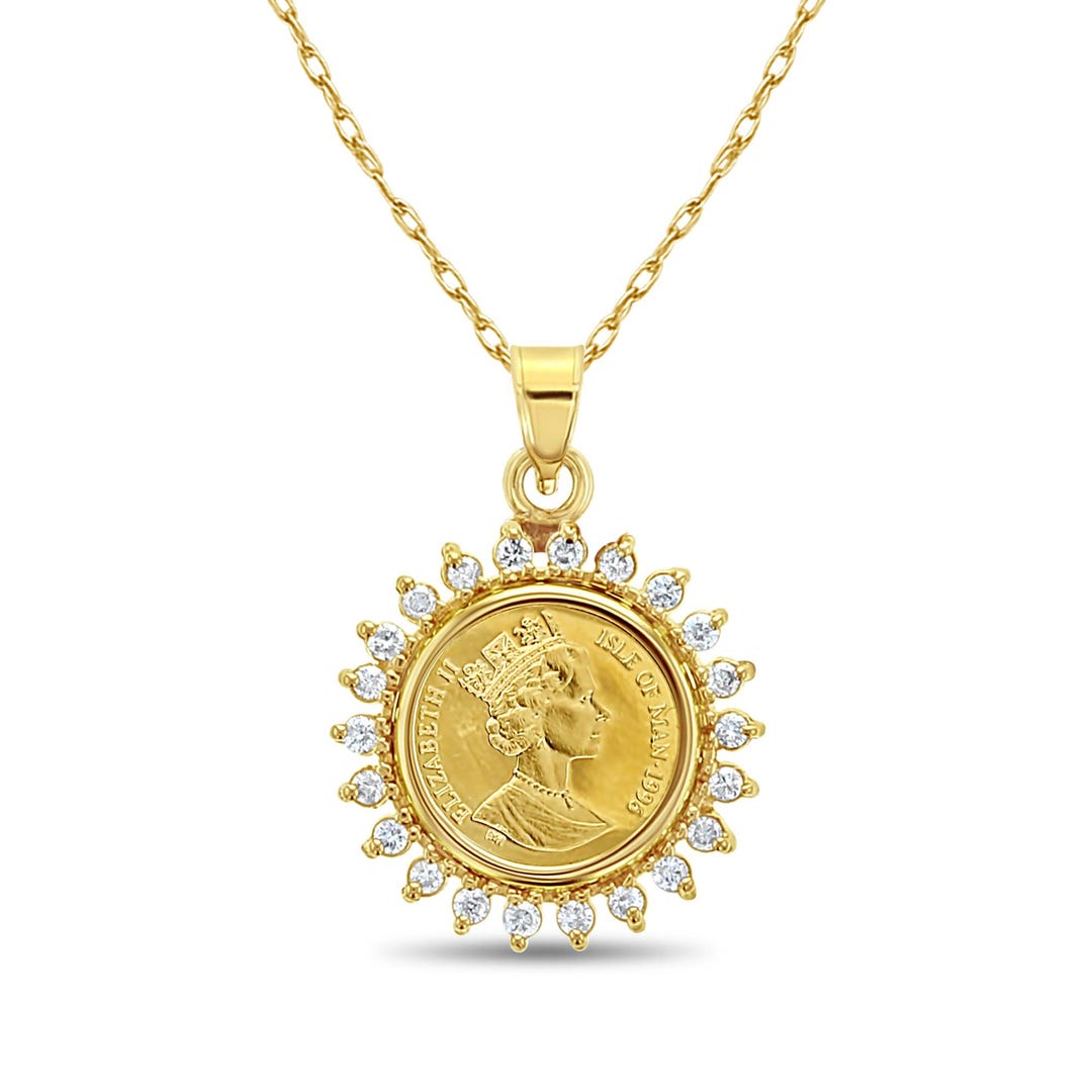 Queen Elizabeth Isle of Man Gold Coin Necklace With Diamond Halo ...