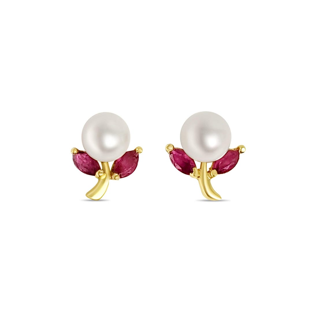 Pearl & Ruby Floral Shaped Studs | 14k Yellow Gold | Flower Theme ...