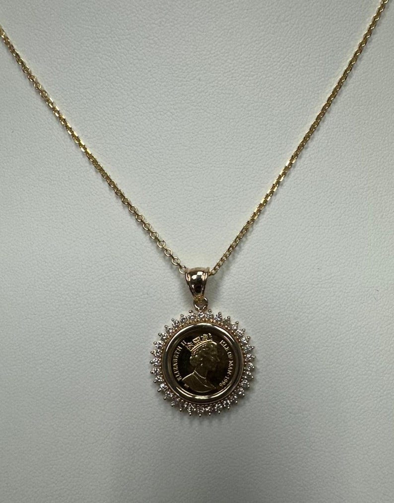 Queen Elizabeth Isle of Man Gold Coin Necklace With Diamond Halo ...