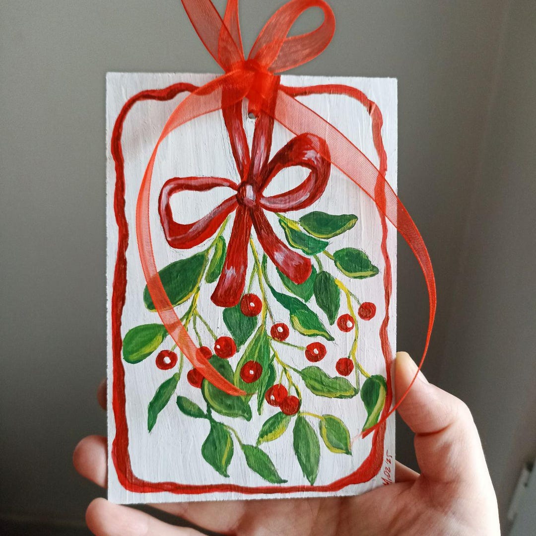 Hand Painted Mistletoe Christmas Ornament, Original Acrylic Art ...