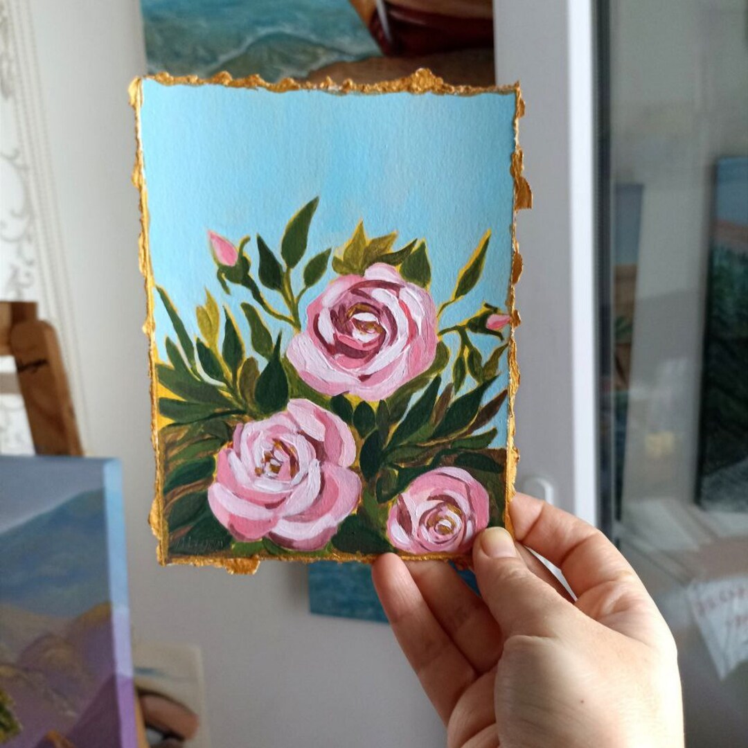 Hand-painted Roses Acrylic Painting Original Flowers on Paper Vintage ...