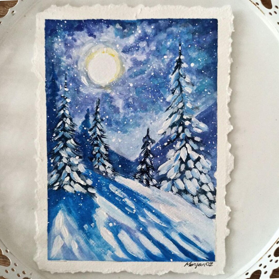 Magical Winter Night Forest Painting Original Art Snowy Landscape ...