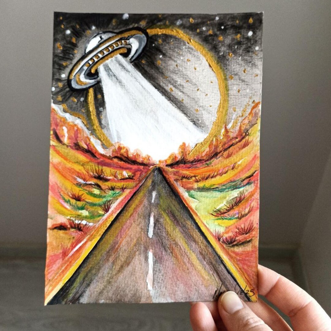 Ufo Painting Original Art Flying Saucer and Road Landscape Space ...