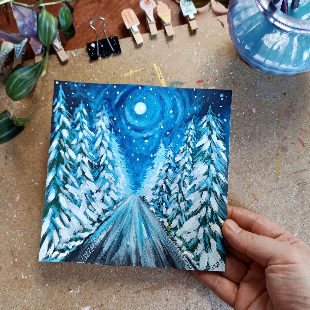 Winter Moon Painting, Original Acrylic Artwork, Snowy Forest Scene ...