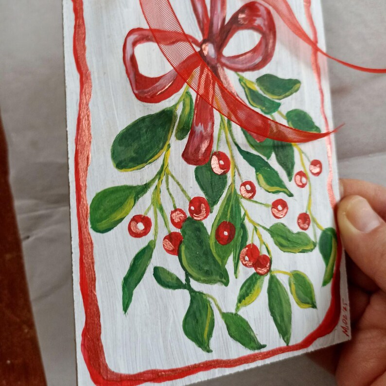 Hand Painted Mistletoe Christmas Ornament, Original Acrylic Art ...