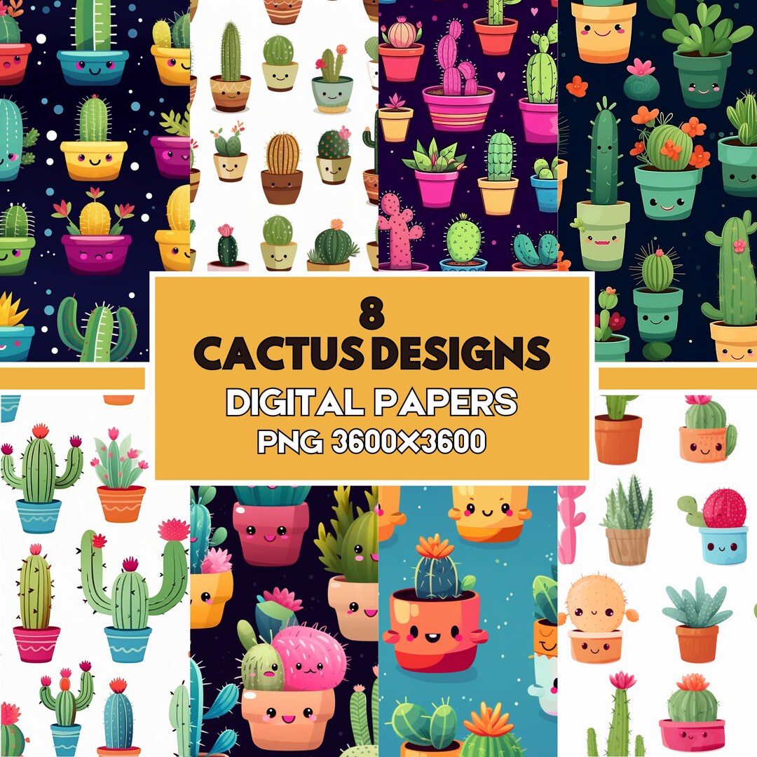 Cactus Digital Paper, Cactus Background, Cartoon Cactus Digital Paper ...