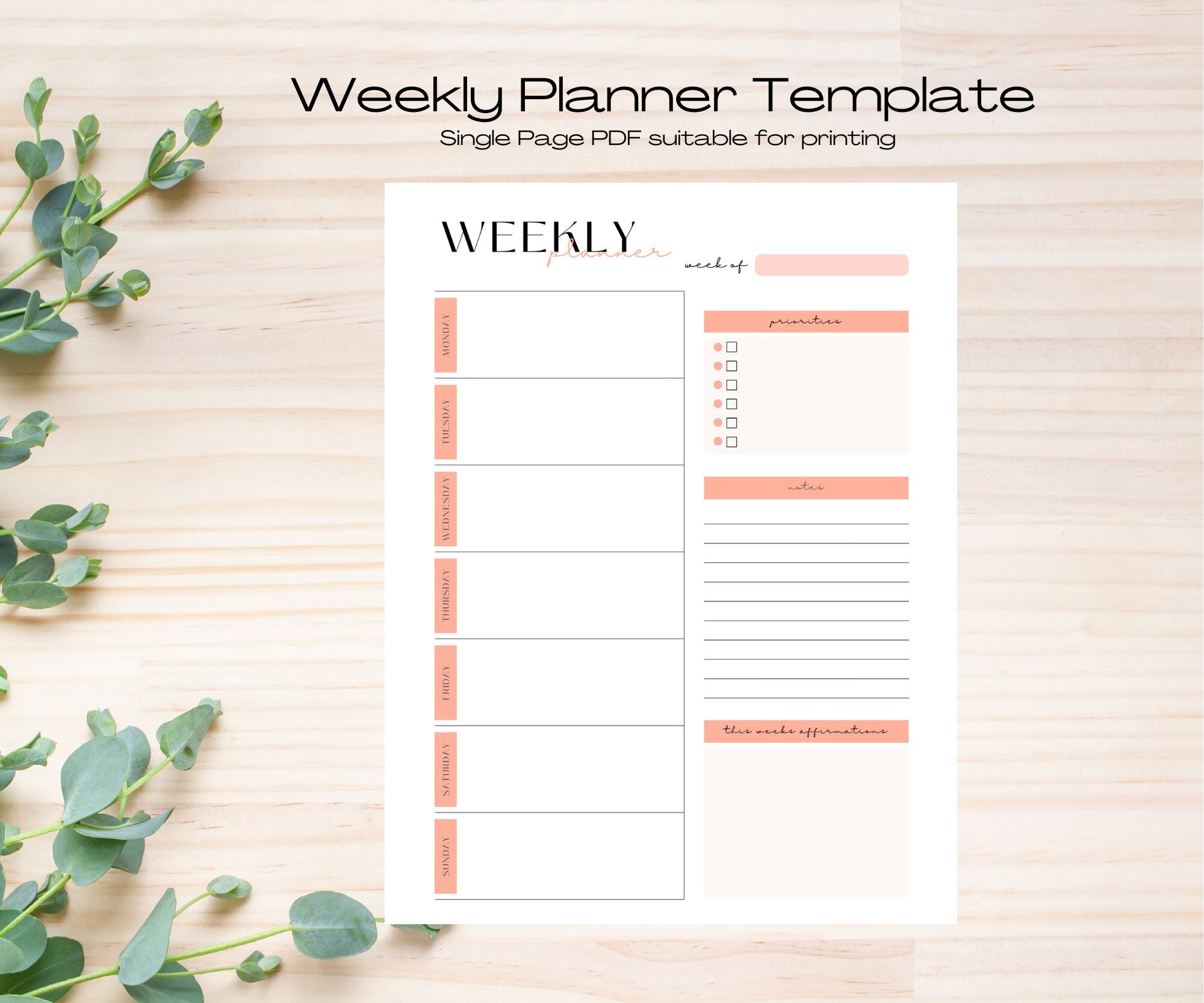 Weekly Planner Printable, Planner Template for Week, Printable Weekly ...