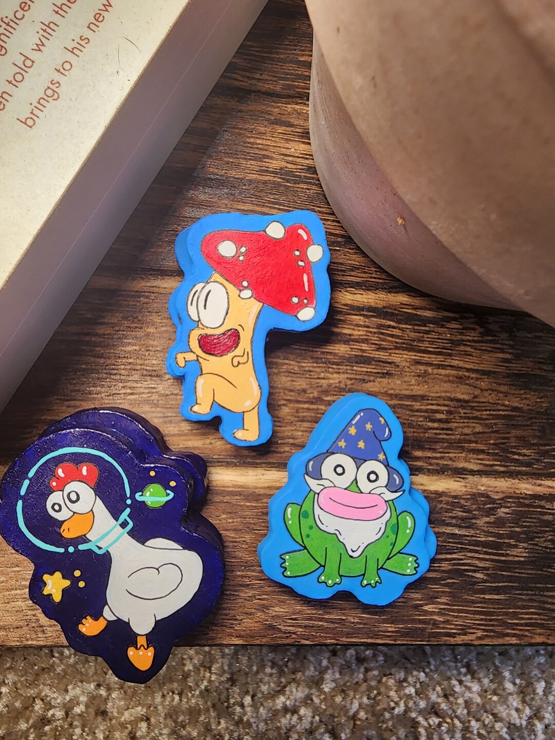 Handmade Cartoon Magnets-(wizard Frog, Space Chicken and Happy Mushroom ...