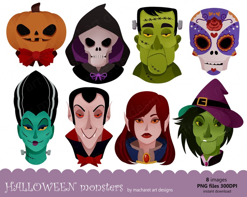 Cute Halloween Monsters Collection Clipart Instant Download, Personal ...