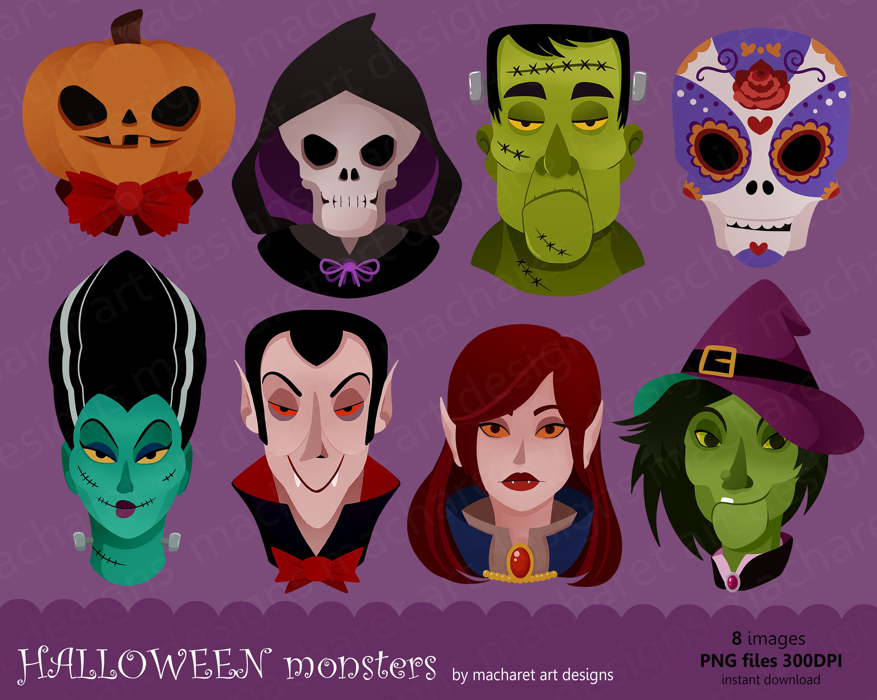 Cute Halloween Monsters Collection Clipart Instant Download - Etsy