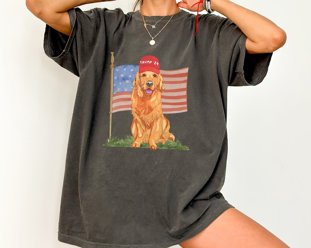 Retro Golden Retriever American Flag Donald Trump Oversized Garment ...