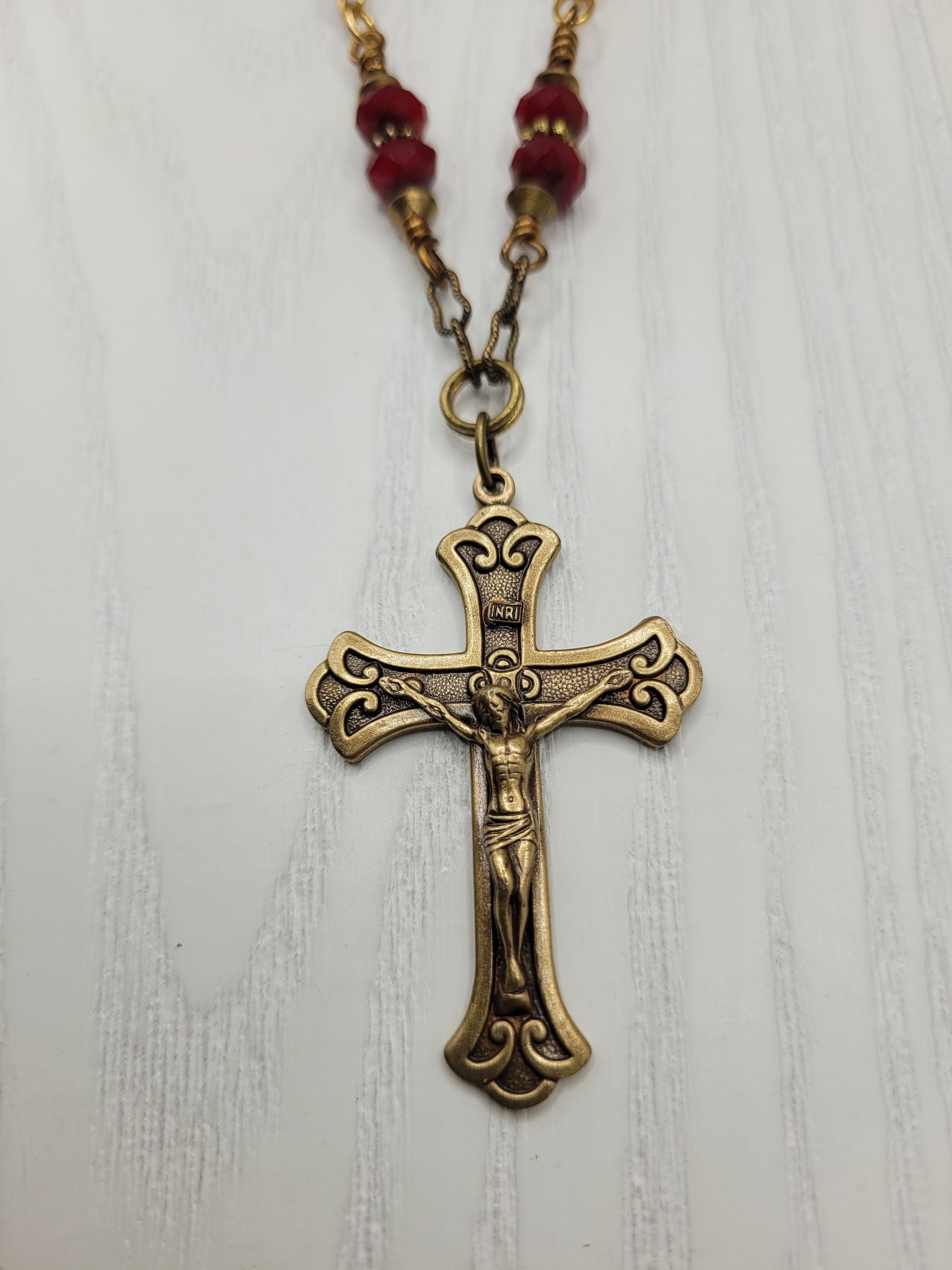 Cross Necklace, Beaded Gold Crucifix Necklace, Red Christian Beaded ...