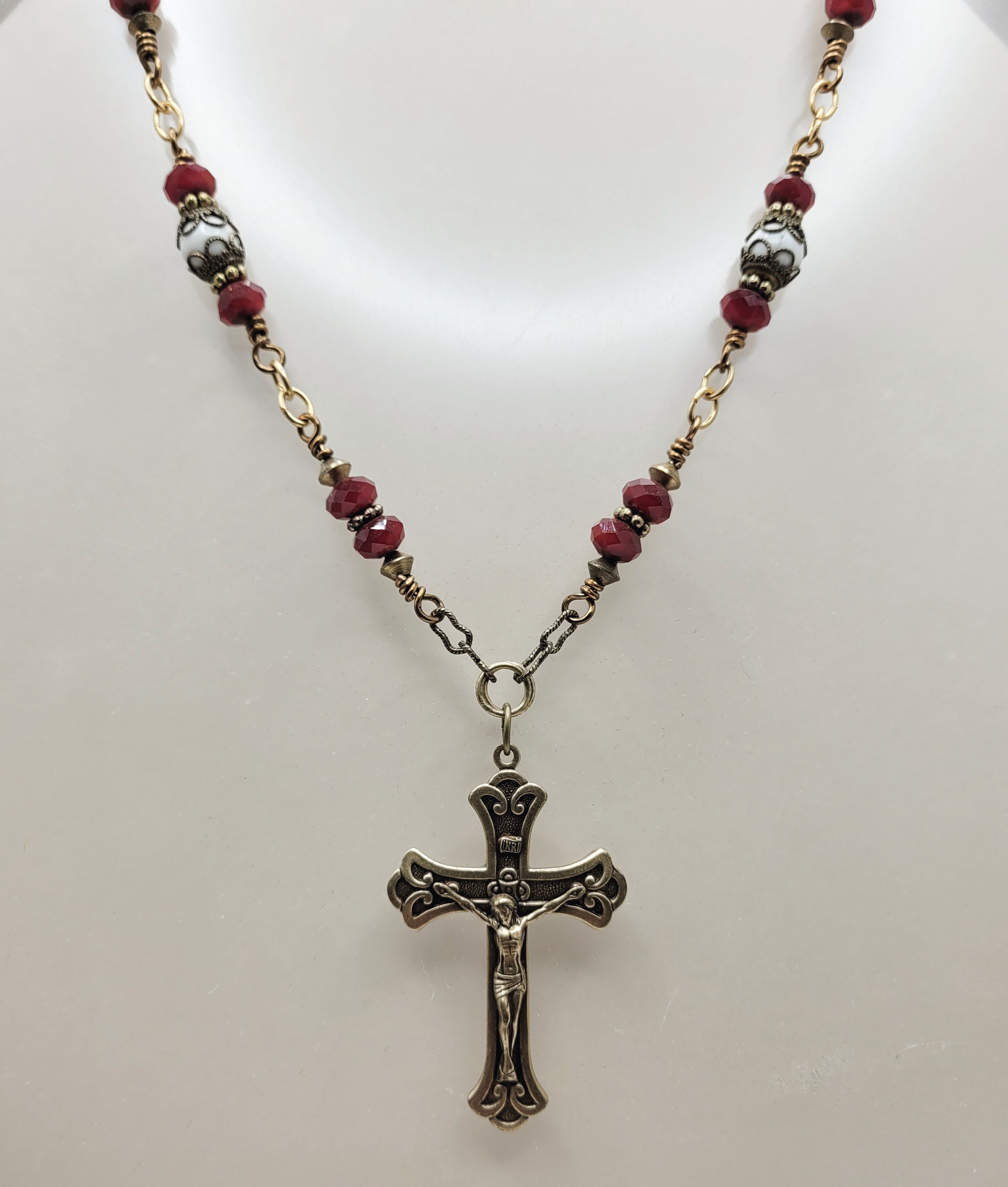 Cross Necklace, Beaded Gold Crucifix Necklace, Red Christian Beaded ...