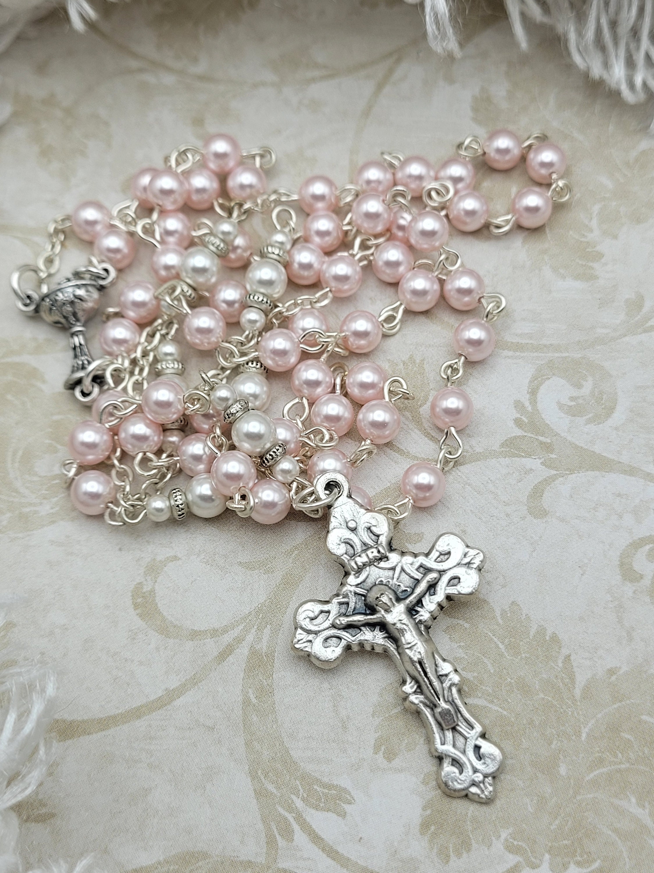 PINK First Communion Rosary for Girl, Swarovski Pearl Rosary - Etsy
