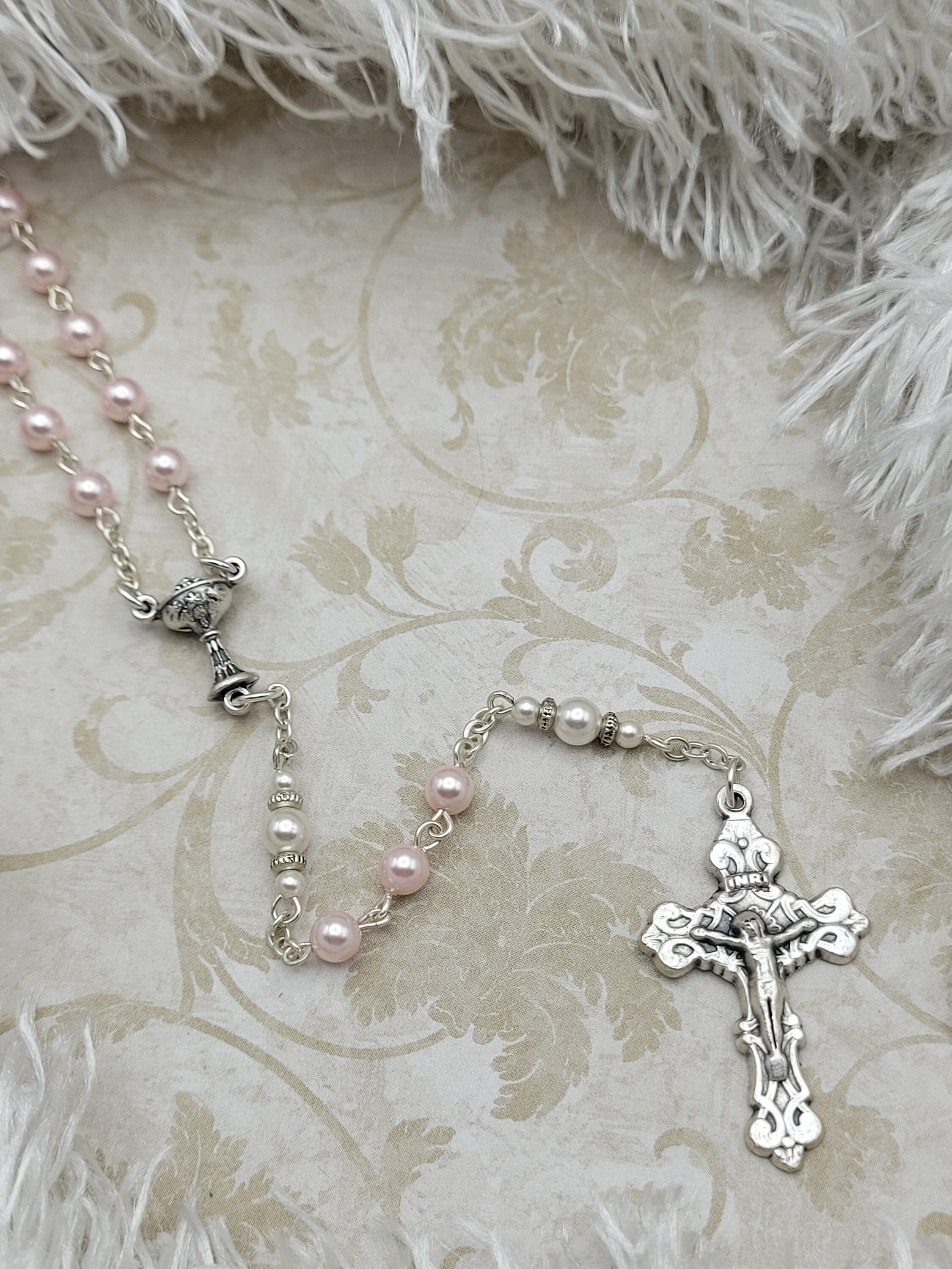 PINK First Communion Rosary for Girl, Swarovski Pearl Rosary - Etsy