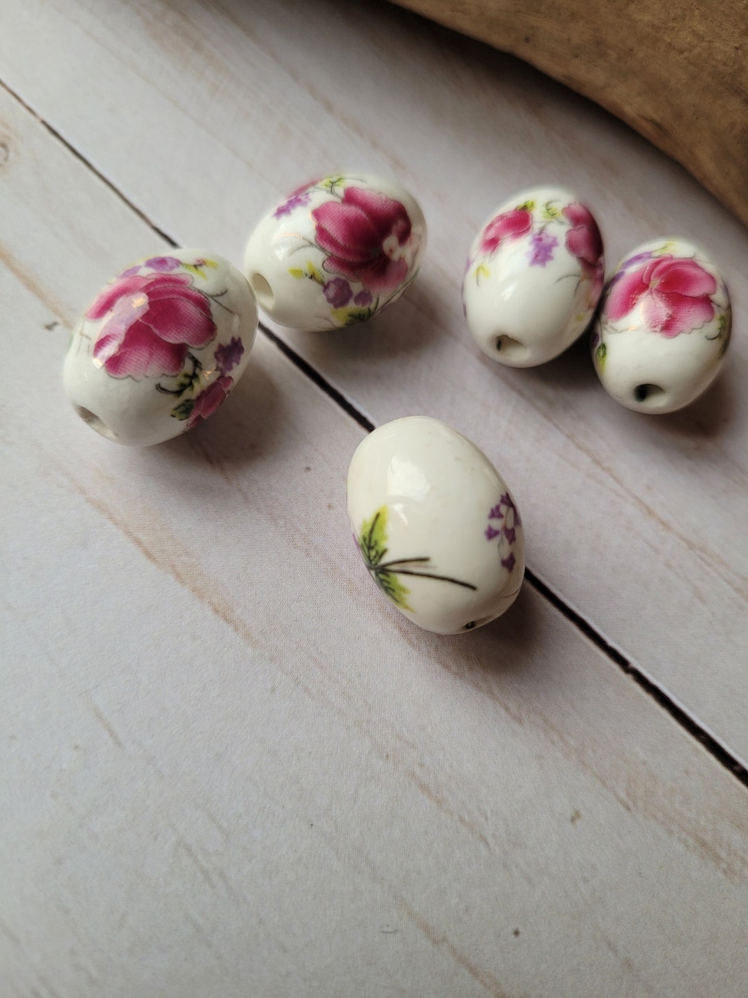 Porcelain Beads, Large White With Pink Roses Beads, Set of 5 - Etsy