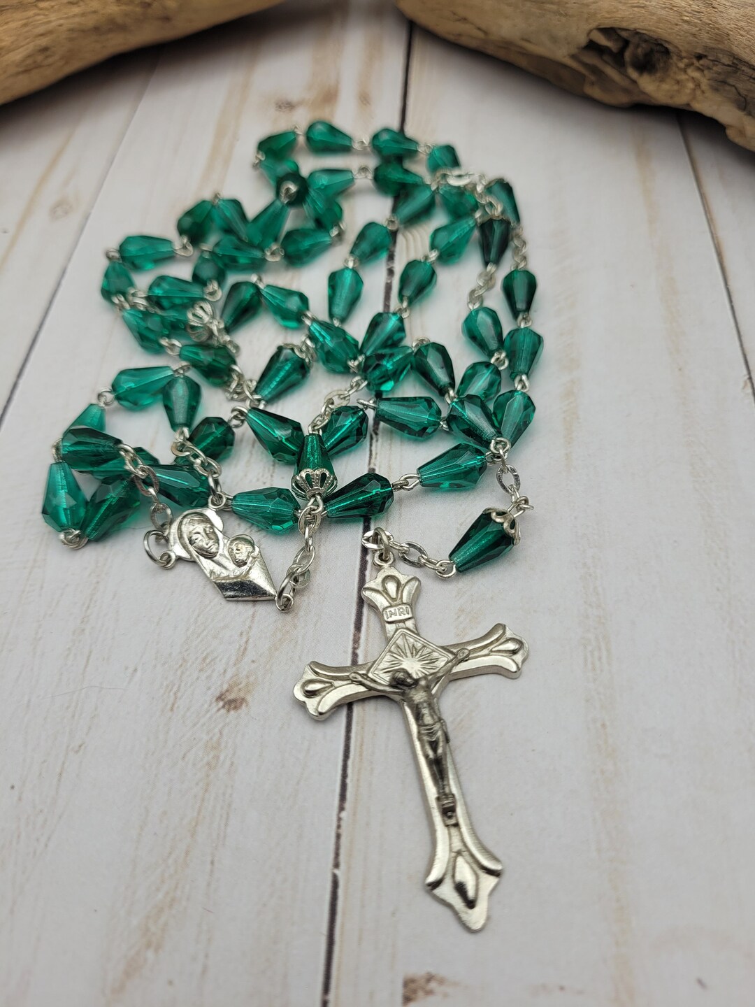 Teal Green Rosary, Silver Crucifix and Virgin Mary Center - Etsy