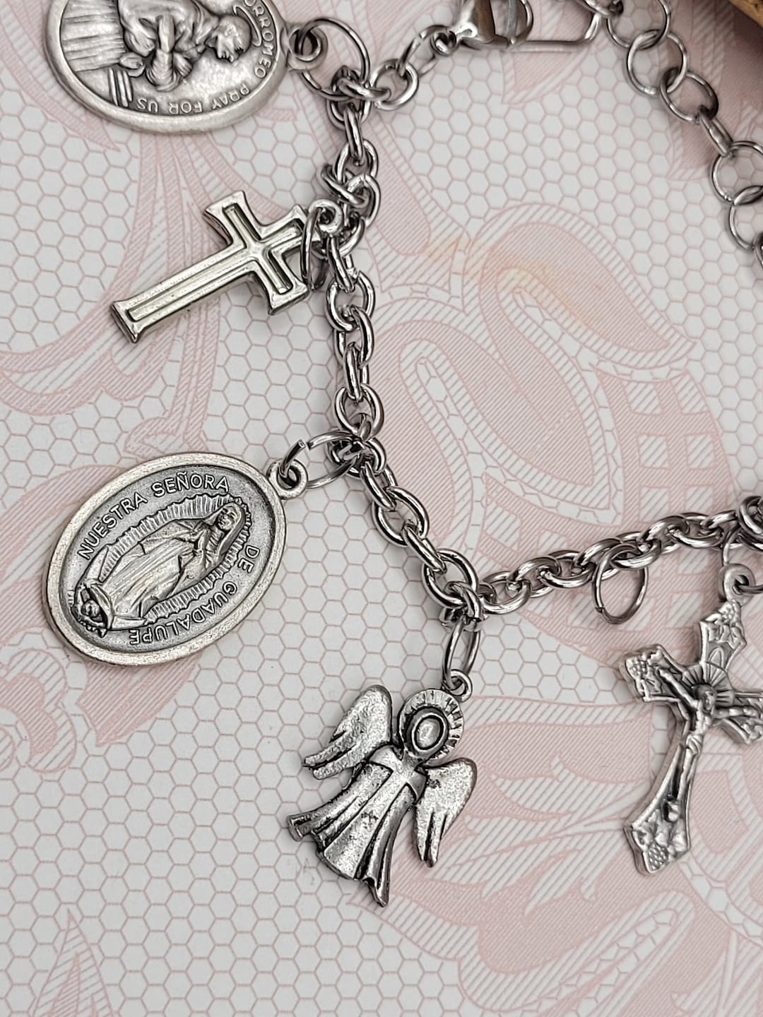 Silver Religious Charm Bracelet, Catholic Medals - Etsy