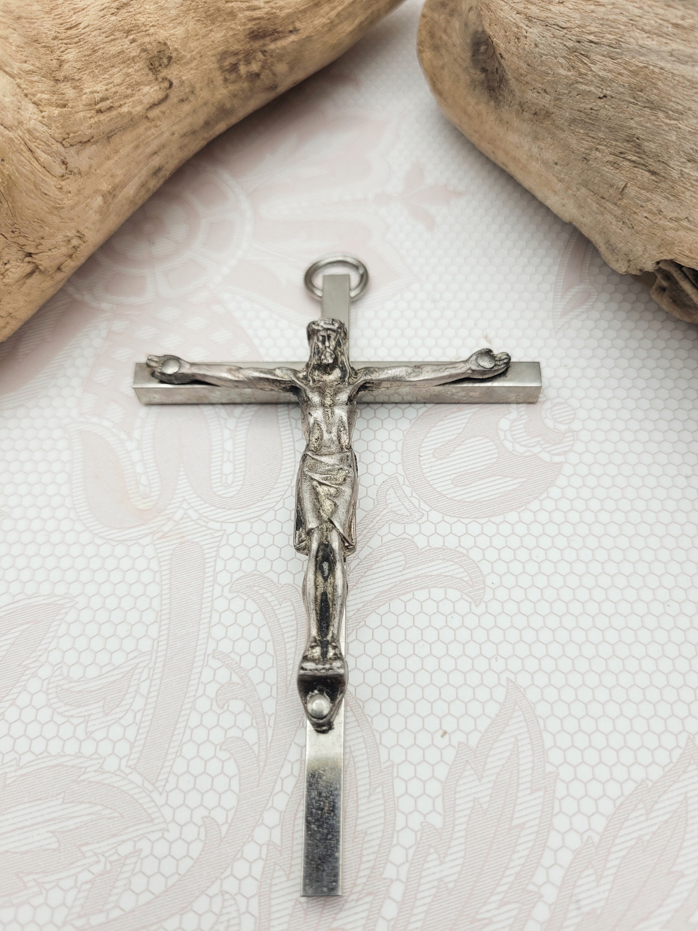 Extra Large Silver Crucifix Pendant, Metal Rosary Crucifix, Priest ...