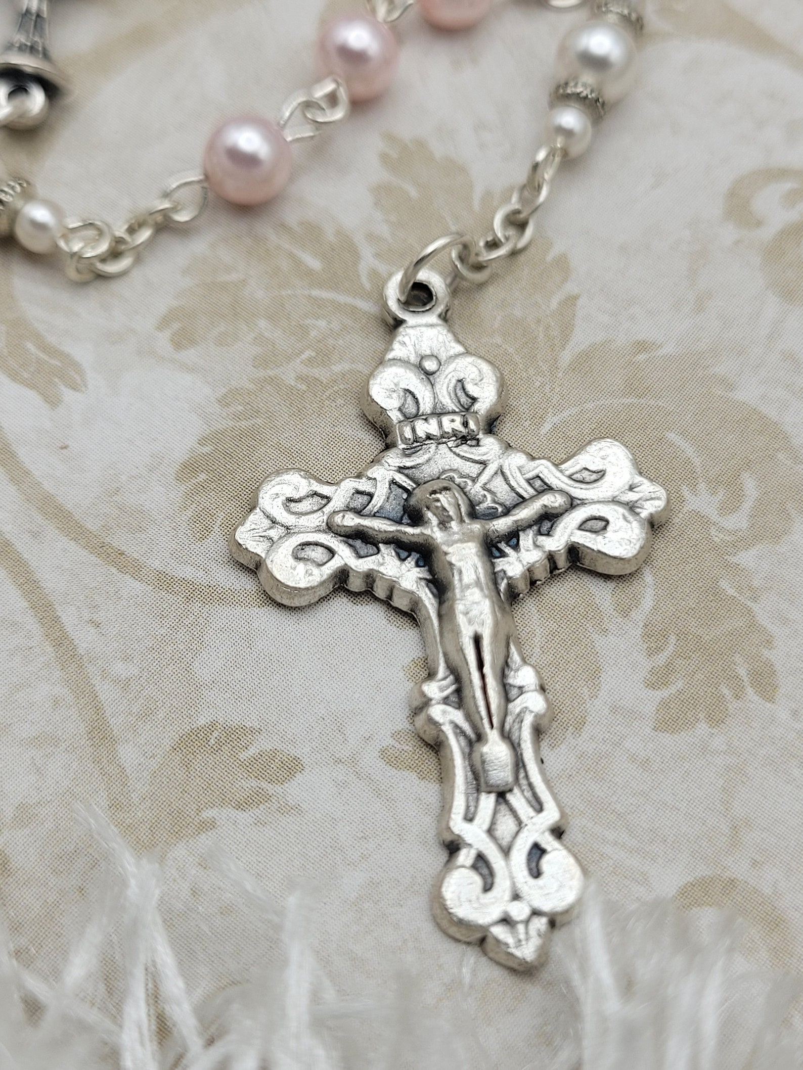 PINK First Communion Rosary for Girl, Swarovski Pearl Rosary - Etsy