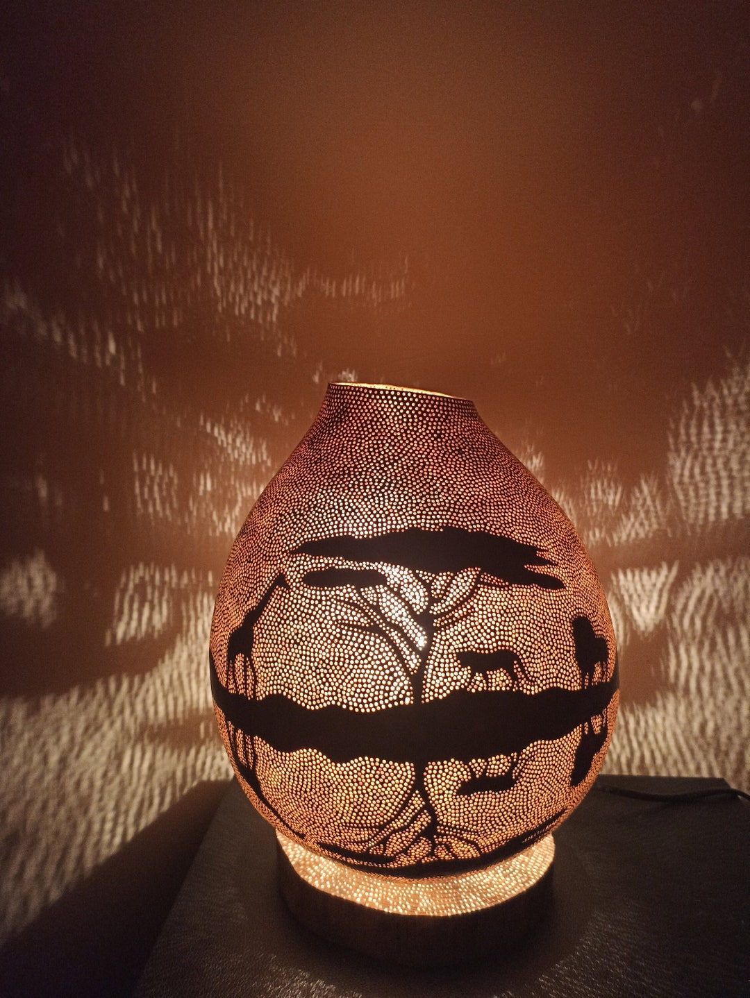 Safari Gourd Lamp, Hand Engraved African Animals, Unique Table Lamp ...