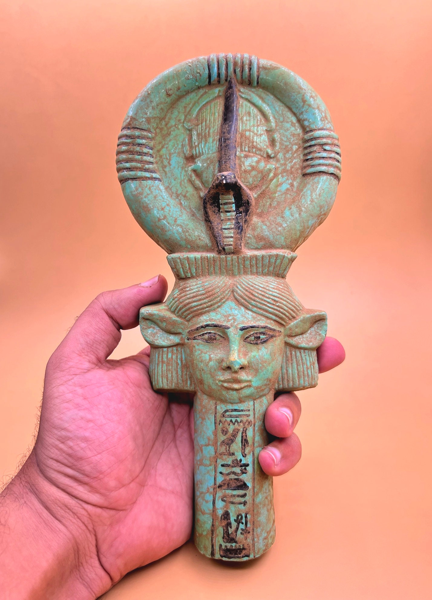 Egyptian Hathor Goddess Statue Ankh key of Life Egypt Antique Handmade Green Stone in Egypt - Etsy